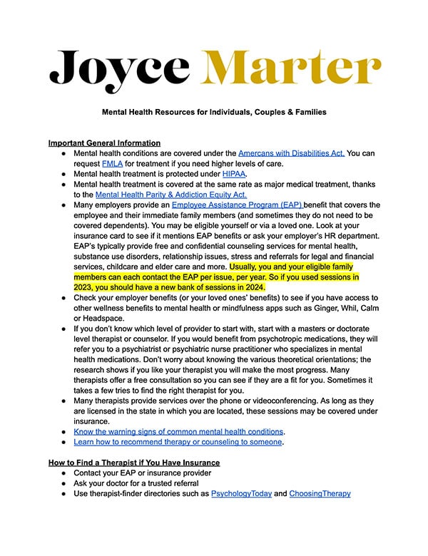 Suggested Resources - Joyce Marter
